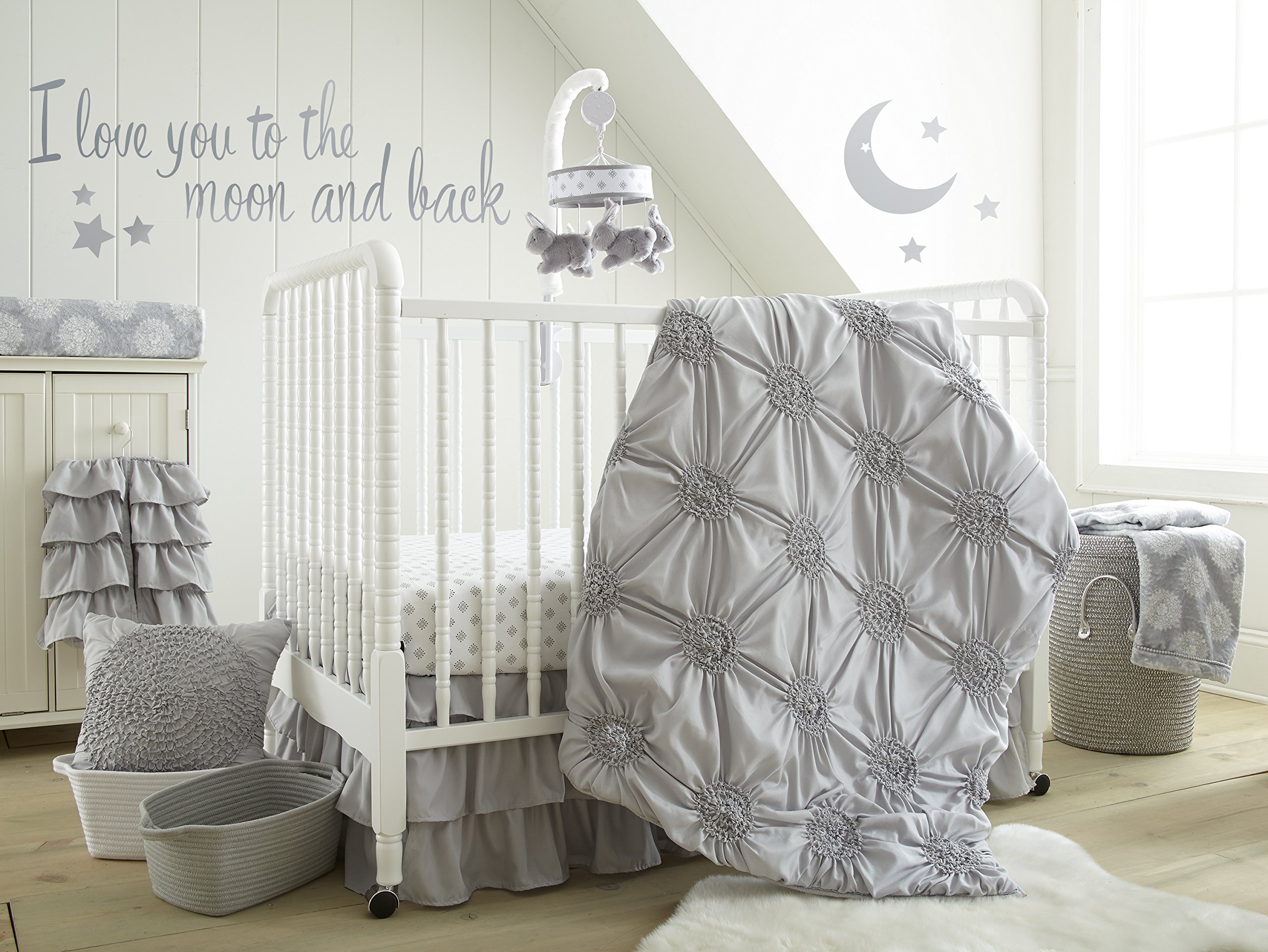 Levtex Baby - Willow Crib Bed Set - Baby Nursery Set - Grey - Soft Rosette Pintuck - 5 Piece Set includes Quilt, Fitted Sheet, Diaper Stacker, Wall Decal & Crib Skirt/Dust Ruffle