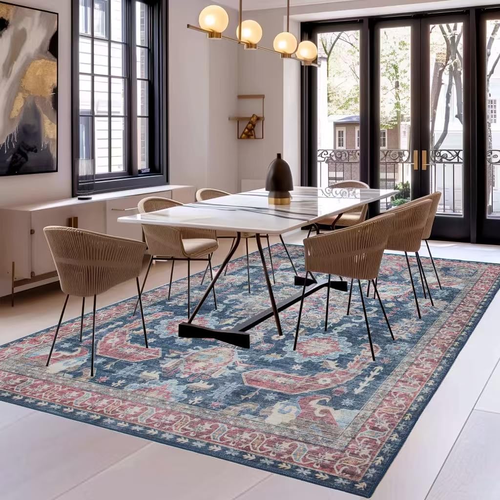Area Rug for Living Room Machine Washable Rug for Bedroom Vintage Rug Non-Slip Backing Dinning Room Carpet Soft Low-Pile (Green Rust, 5 * 7)