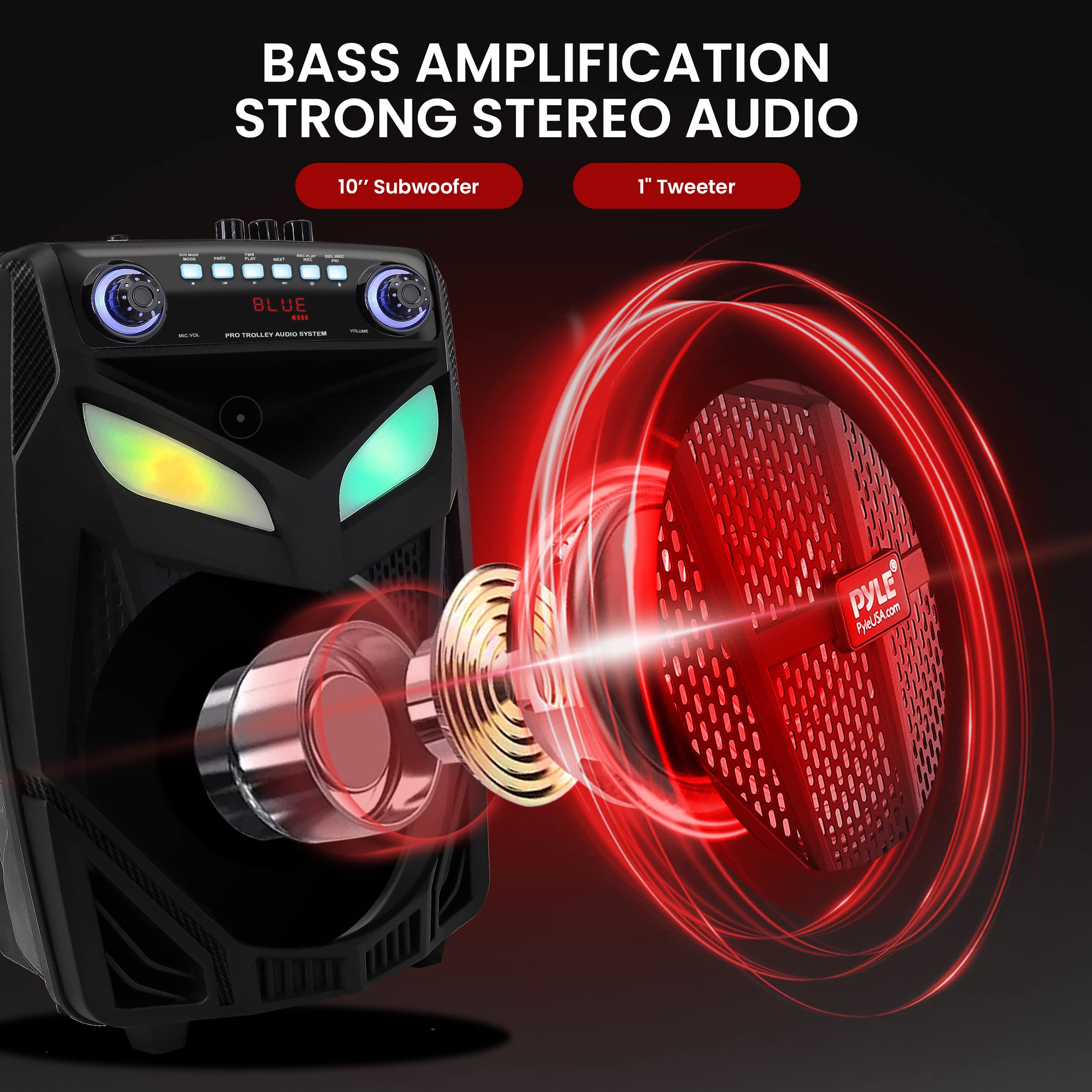 Pyle Portable Bluetooth PA Speaker System-600W 10β Indoor/Outdoor BT Speaker-Includes 2 Wireless Microphones, Party Lights, USB SD Card Reader, FM Radio, Rolling Wheels-Remote Control PPHP101WMB