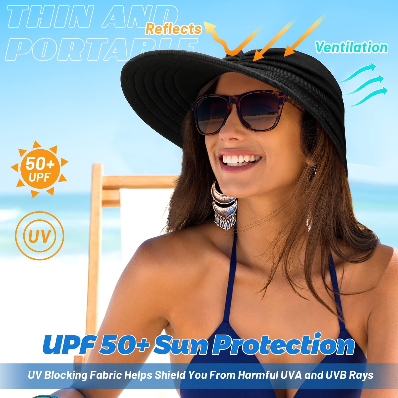 6 Pcs Women Sun Visor Hat Wide Brim Summer Cap UV Protection Beach Sport Cap for Golf Hiking Men (Black)