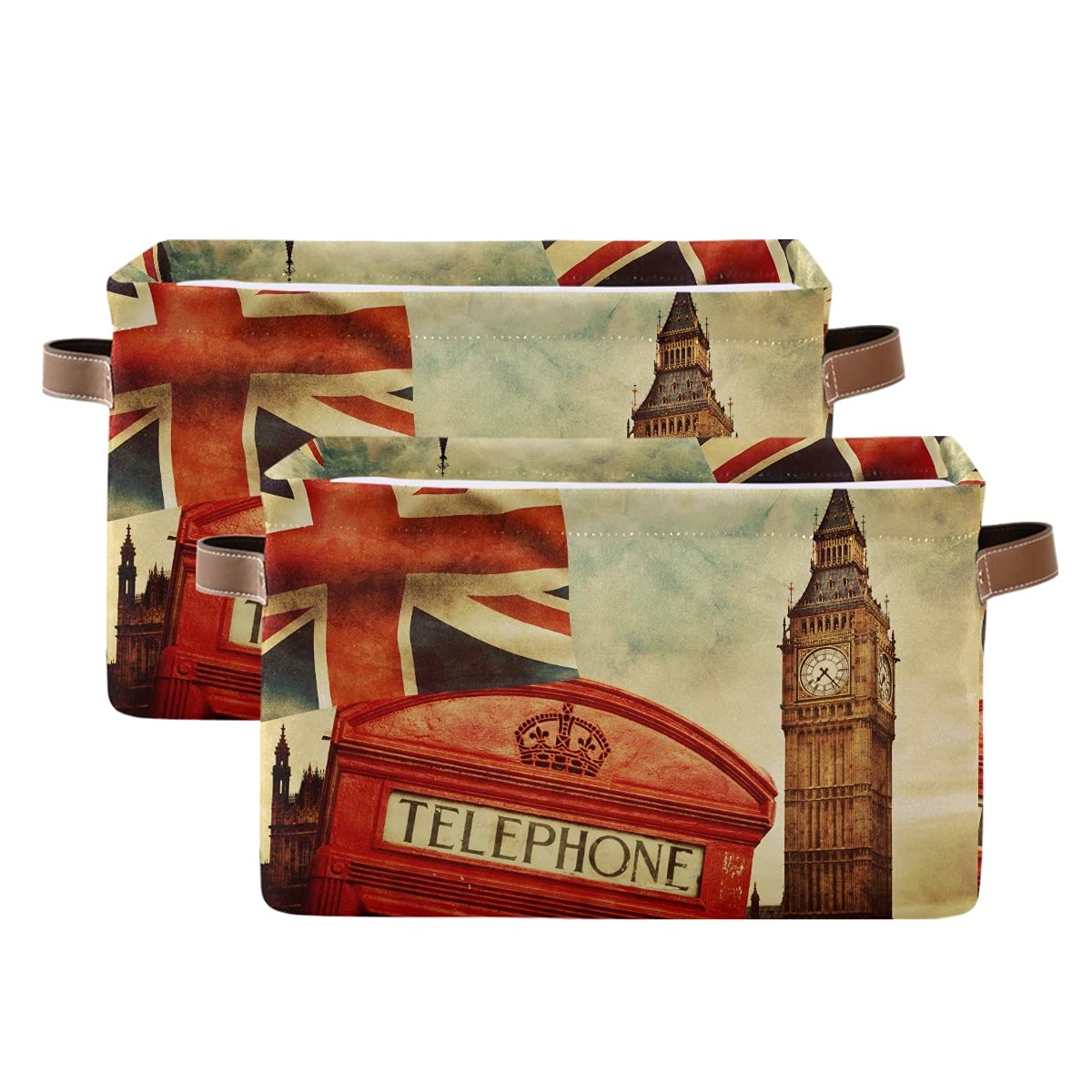 AUUXVA London UK Flag Telephone Booth Storage Bins Basket, Big Ben Union Jack Collapsible Storage Cube Rectangle Storage Box with Handles for Shelf Closet Nursery Bedroom Home Office 2 Pack