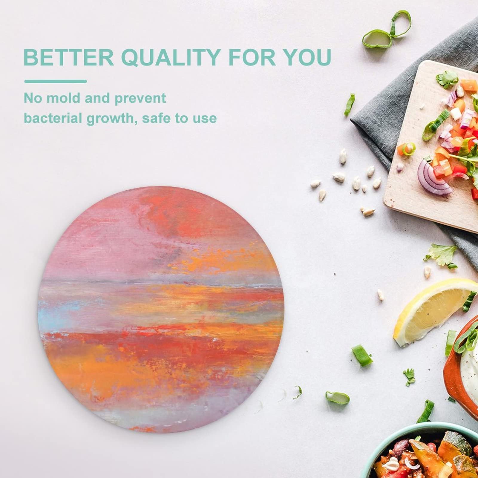 Bagea-Ka Hot Abstract Orange Blue Sunset Beach Scene Pattern Tempered Glass Cutting Board 8" Round Kitchen Decorative Chopping Board Small