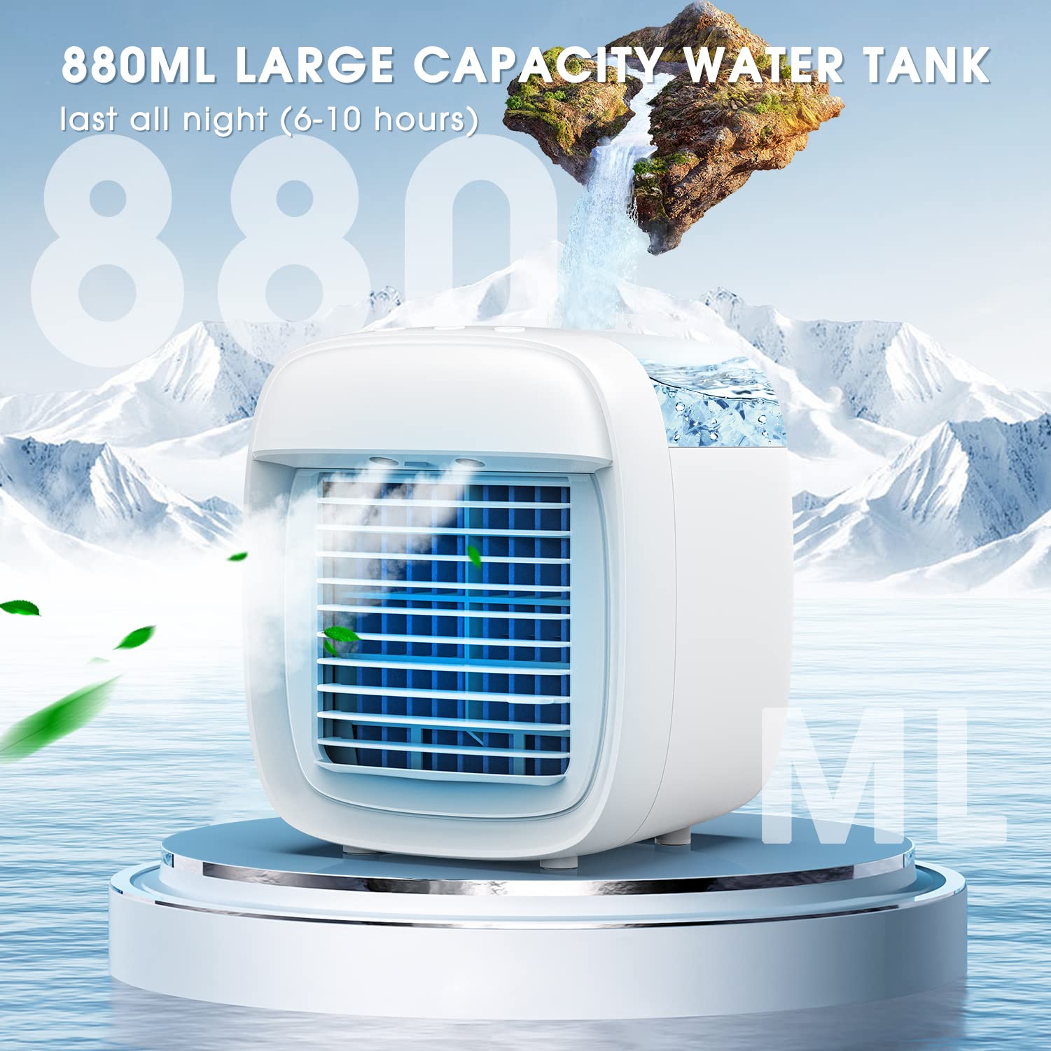 DOWILLDO Portable Air Conditioners, Mini Air Conditioner for Room with 880ML Water Tank, 3 Speeds Air Conditioner Fan with 7 Colors Night Light for Car, Kitchen, Home and Office