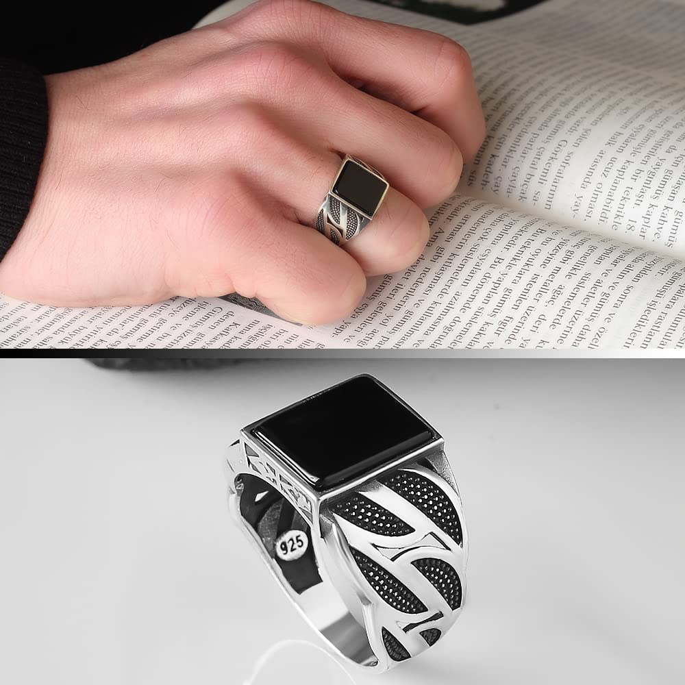 925 Sterling Silver Men Silver Ring with Onyx Stone, Handmade Engraved Black Onyx Gemstone Silver Ring, Gift for him, Minimalist Silver Ring