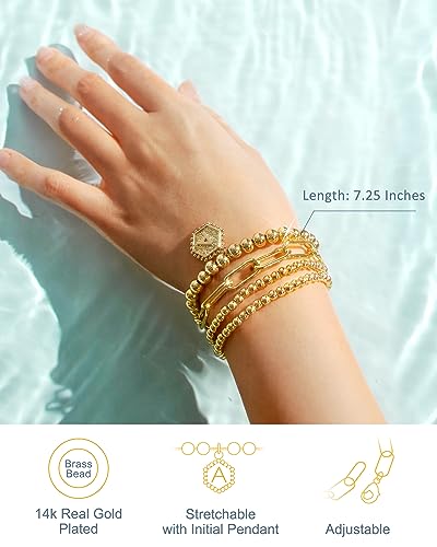 doubgood Gold Beaded Bracelets for Women, Stackable Gold Bracelets for Women Men 14K Real Gold Plated Stretch Bead Ball Bracelet with Letter Pendant E
