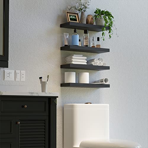 Boswillon 4 Sets Black Floating Shelves with Invisible Brackets,Modern Shelf for Bedroom,Bathroom, Kitchen Wall Decor – Black