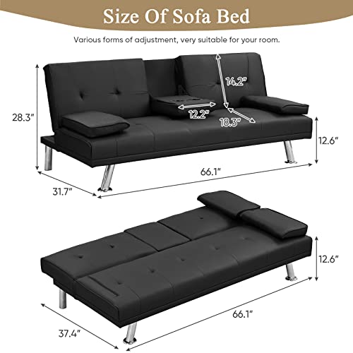 Antetek Futon Sofa Bed, Modern Convertible Upholstered Faux Leather Loveseat Sleeper Sofa Couch w/7 Adjustable Positions, Cup Holder for Living Room, Bedroom, Studio, Office, Black