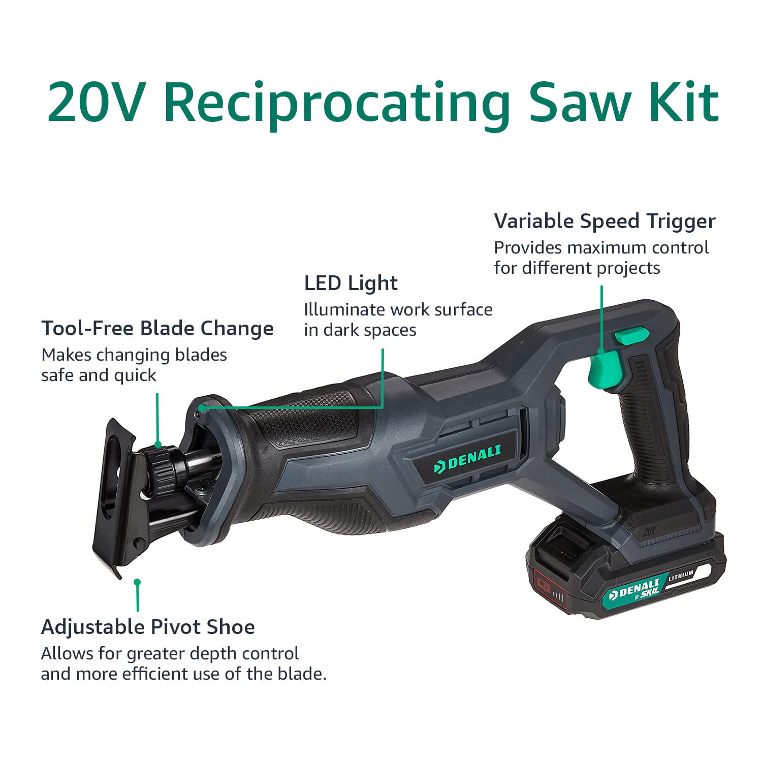 Amazon Brand - Denali by SKIL 20V Cordless Drill, Reciprocating & Circular Saw, Work Light With (2) 2.0Ah Lithium Batteries, 2.4A Charger & Carry Bag