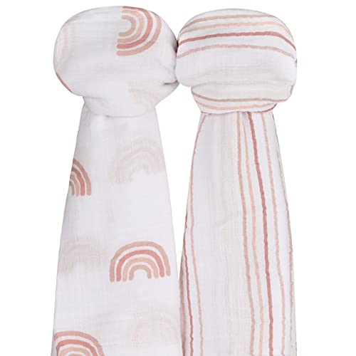 Ely's & Co. Cotton Muslin Swaddle Blanket 2-Pack for Baby Girl β 100% Cotton Muslin Extra-Large Swaddle Blankets (47β x 47β) Dusty Rose Stripes | Rainbows