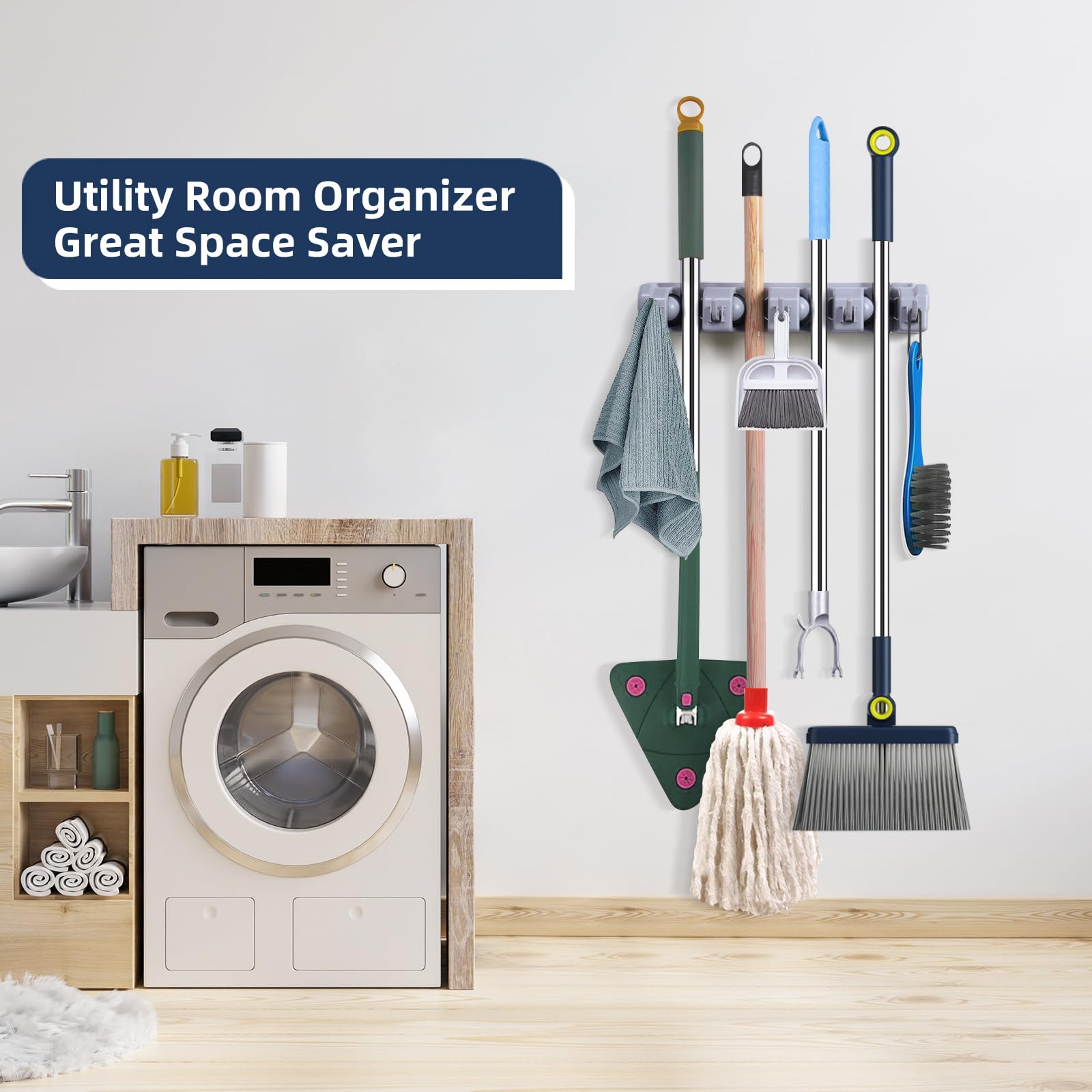 Kiemeu Mop And Broom Holder Wall Mount Cleaning Supplies Organizer For Closet Laundry Room Garden Tool Hangers For Garage Wall Hanging Rack Utility Shop Organization And Storage