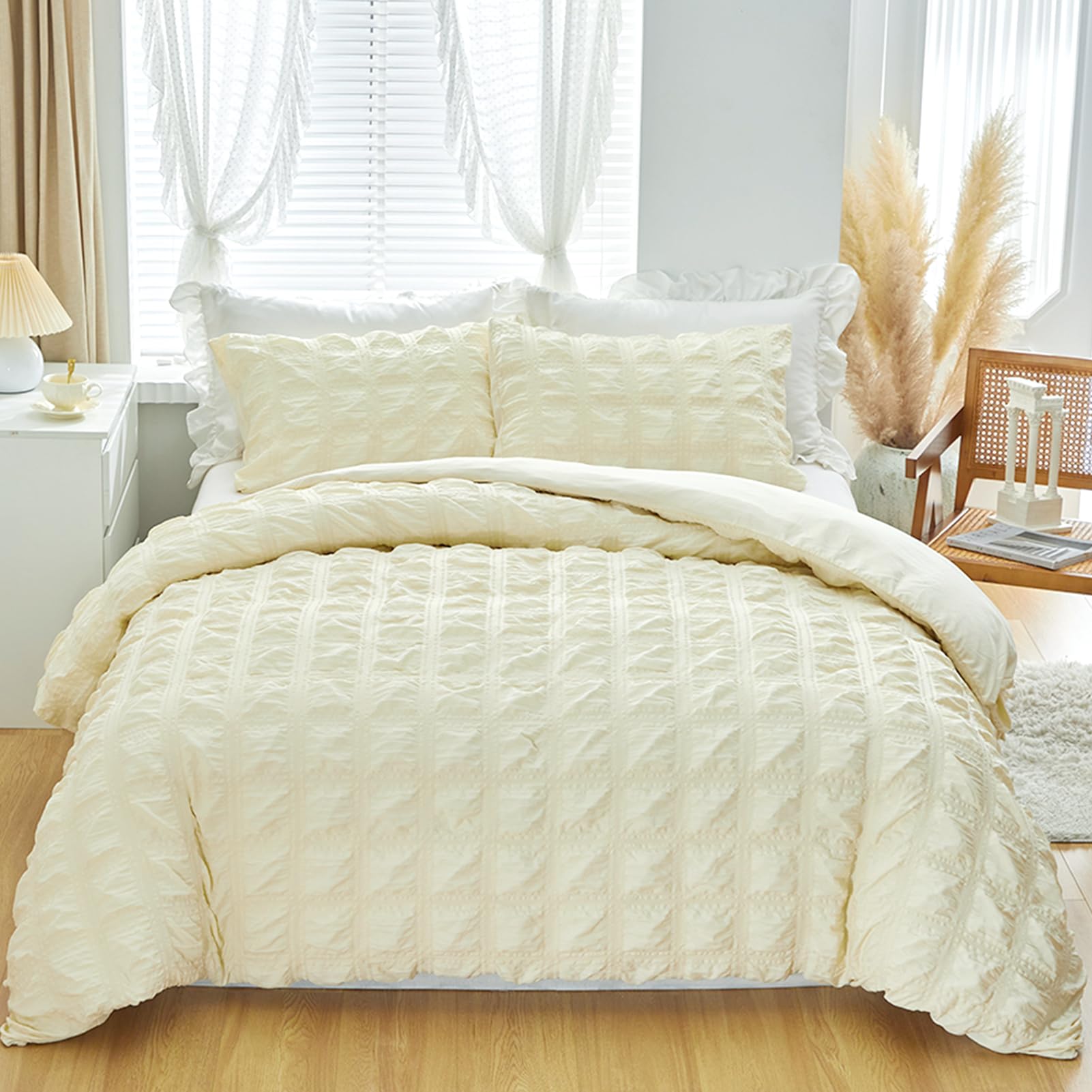 Rvciby Pink Duvet Cover Queen King Size,Soft Breathable Seersucker Geometric Pattern Boho Textured Duvet Cover,3PCS Microfiber Bedding Set with Corner Ties& Zipper Closure,1 Duvet Cover,2 Pillow Cases
