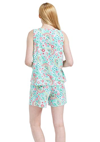 CHUNG Women's Cute Cotton Pajama Set Cartoon Tank Tee Shorts Sleepwear Summer Plus Size, GreenPaisley, Medium