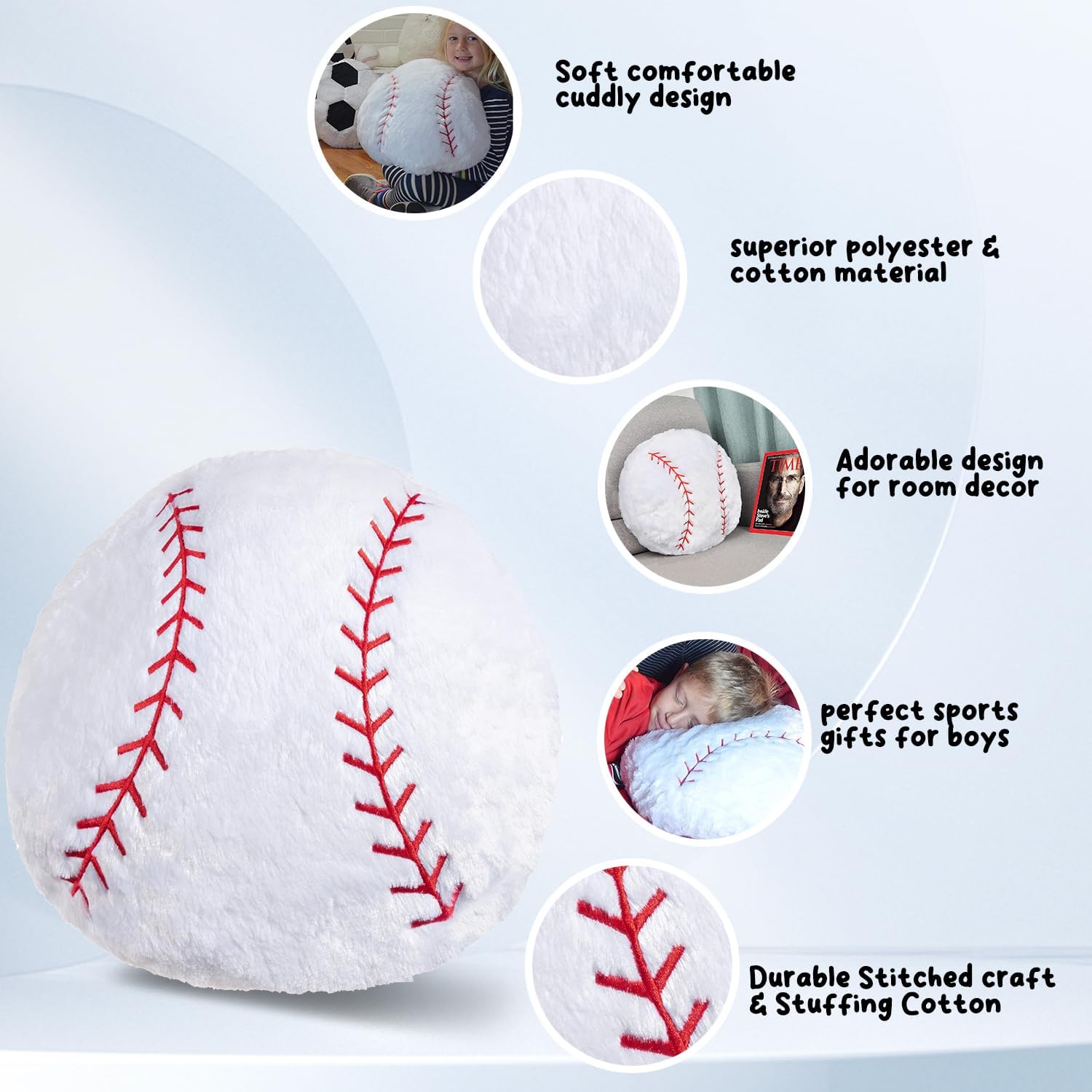 Baseball Pillow Boys Sports Room: Soft Softball Throw Plush Gifts - Play Stuff Ball Toys Decor Age 8-12