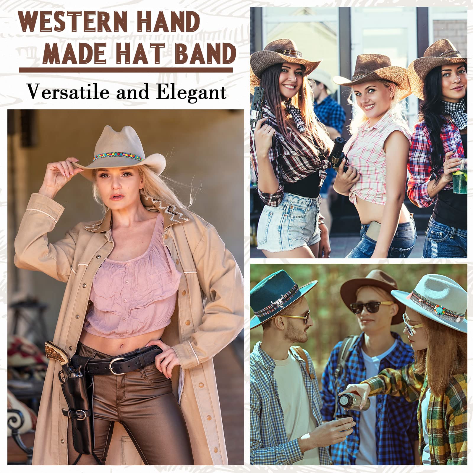 6 Pcs Cowboy Hat Bands for Women Western Turquoise Handmade Adjustable Beaded HatBands for Men Cowboy Panama Hat Mexican (Rustic Style)