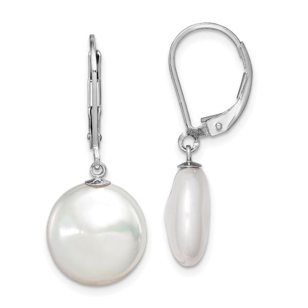 925 Sterling Silver White 12mm Coin Freshwater Cultured Pearl Drop Dangle Earrings