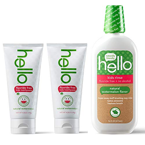 Hello Natural Watermelon Flavor Kids Fluoride Free Toothpaste and Mouthwash, Vegan, Alcohol Free, SLS Free, Gluten Free, 4.2 Ounce Toothpaste Tubes (Pack of 2), 16 Fl Oz Mouthwash Bottle