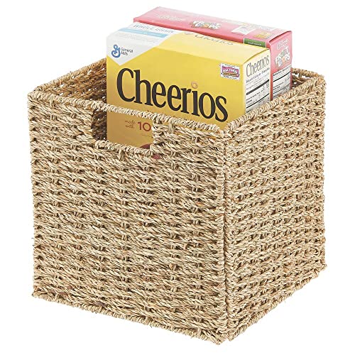 mDesign Seagrass Woven Cube Storage Bin Basket Organizer with Handles for Kitchen Pantry, Cabinet, Cupboard - Shelf and Cubby Organization, Holds Food, Drinks, Snacks, Appliances - 4 Pack, Natural/Tan