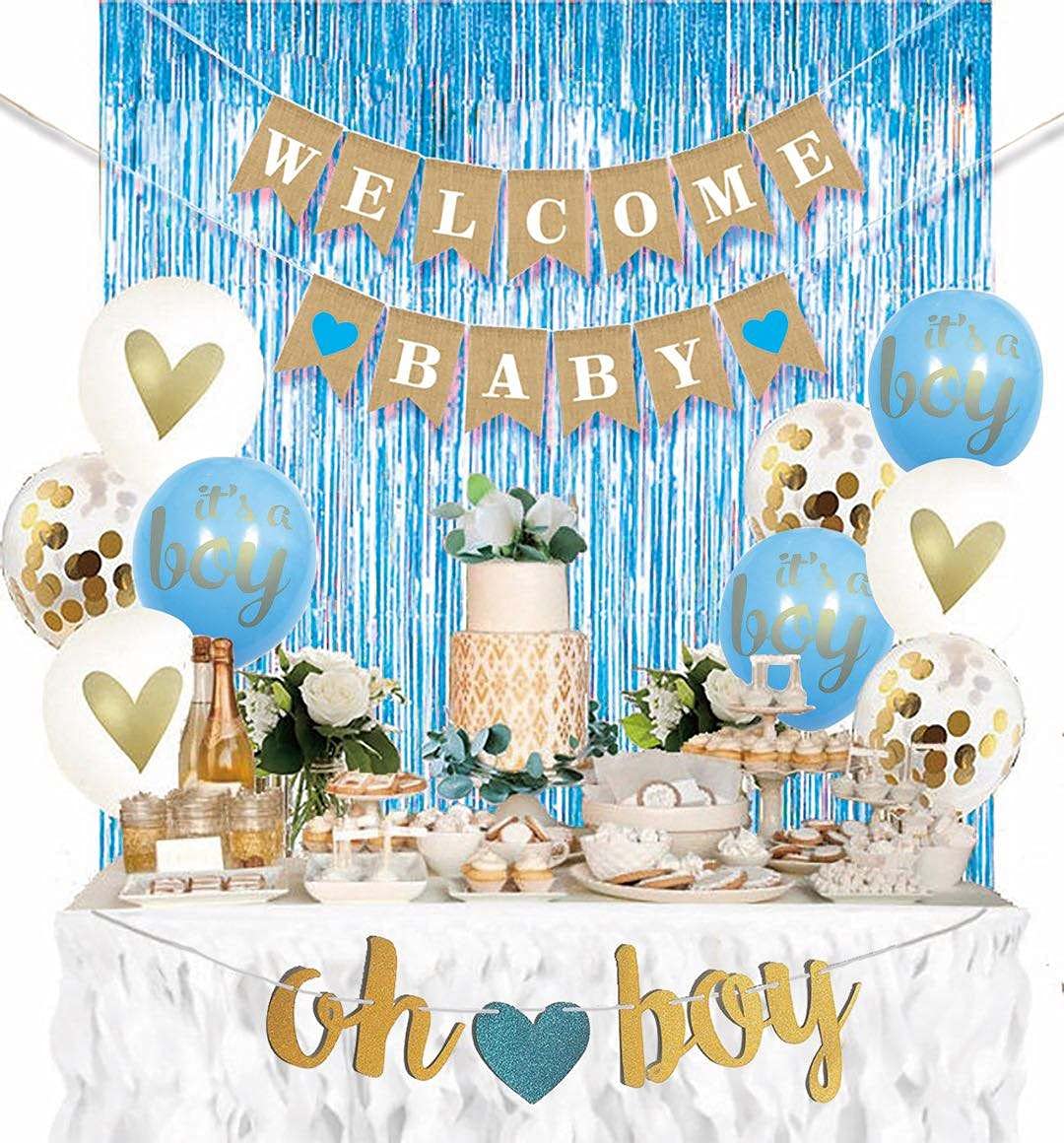 Blue, Boy Baby Shower Decoration Set, Rustic Welcome Baby Banner, 2 - Blue Metallic Curtains, Gold, Blue and White Baby Shower Decor Kit, Blue and White Balloons