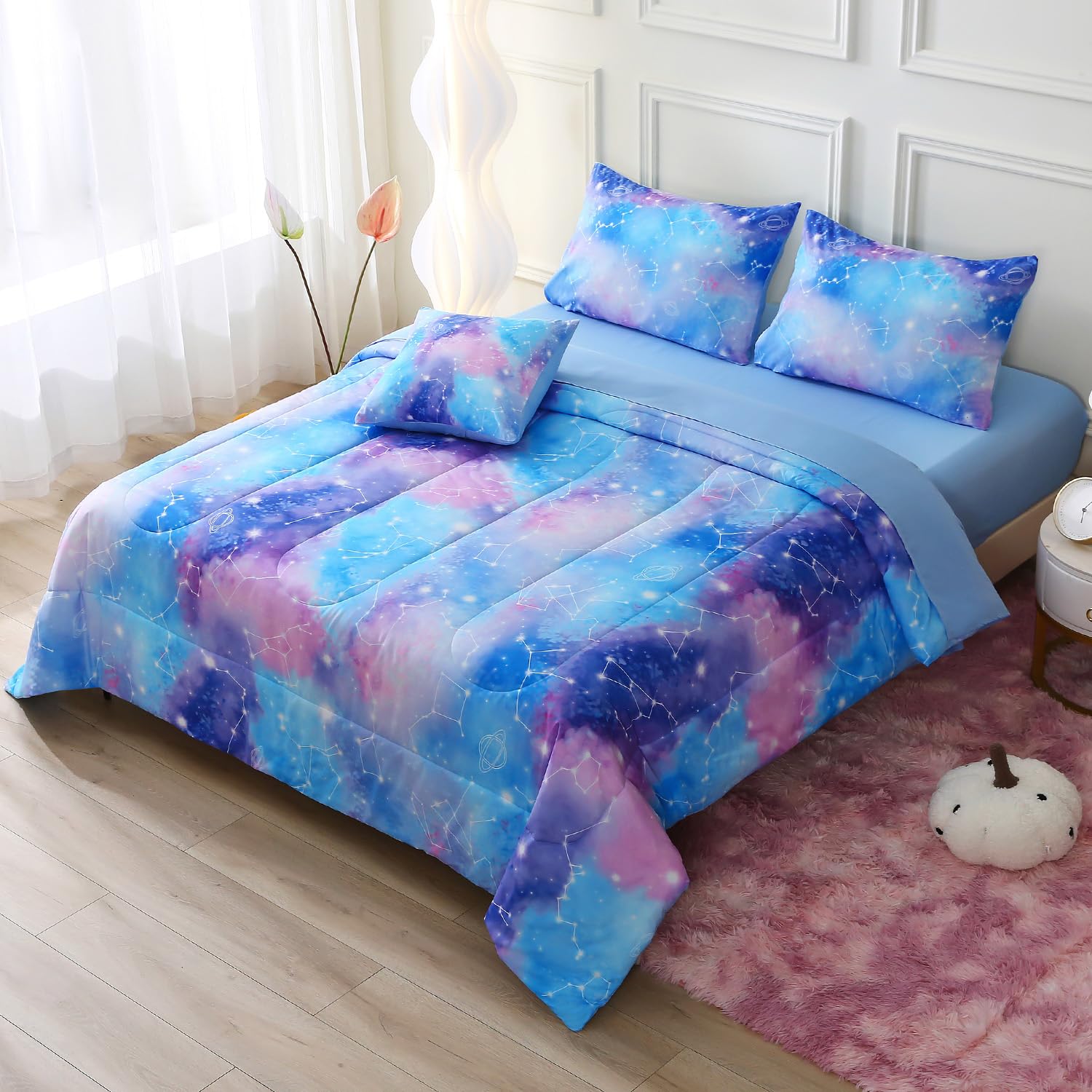 Keyroal Galaxy Constellation Print Comforter Set Twin Size Girls Gradient Bedding Set,6 Piece Bed in a Bag with Sheet Bedding Gift for Kids(Blue)