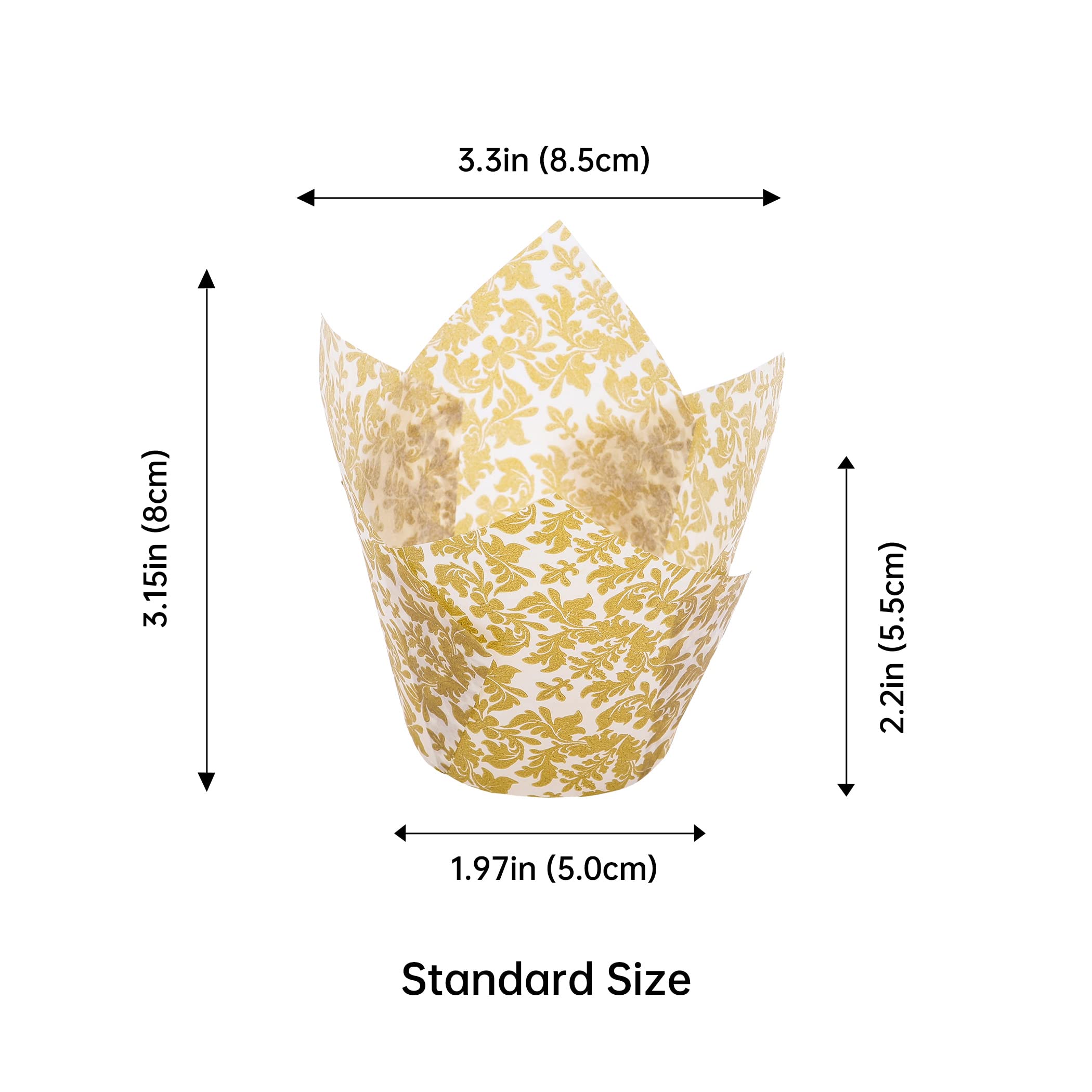 Bake Choice Nordic Paper 200pcs Tulip Cupcake Liners for baking cups with Fancy White design with Gold leaves EU Parchment paper Tulip Muffin liners, Cupcake Wrappers for Party, Wedding, Birthday