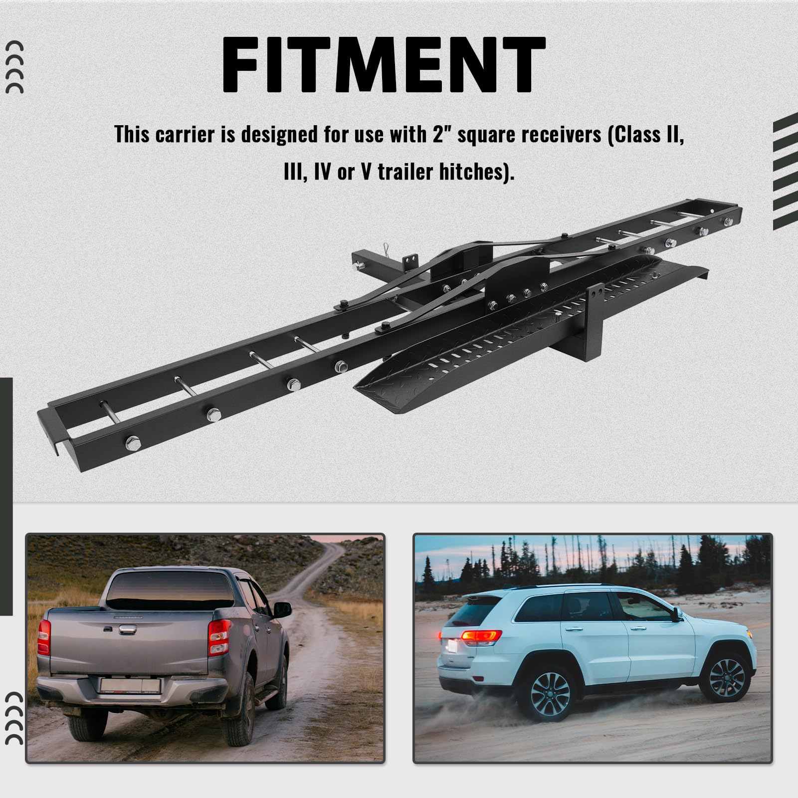 7BLACKSMITHS 500LBS Steel Motorcycle Scooter Dirt Bike Carrier Hauler Anti Tilt Hitch Mount Rack Ramp with 2'' Receiver Trailer Hitch Pin Carrier