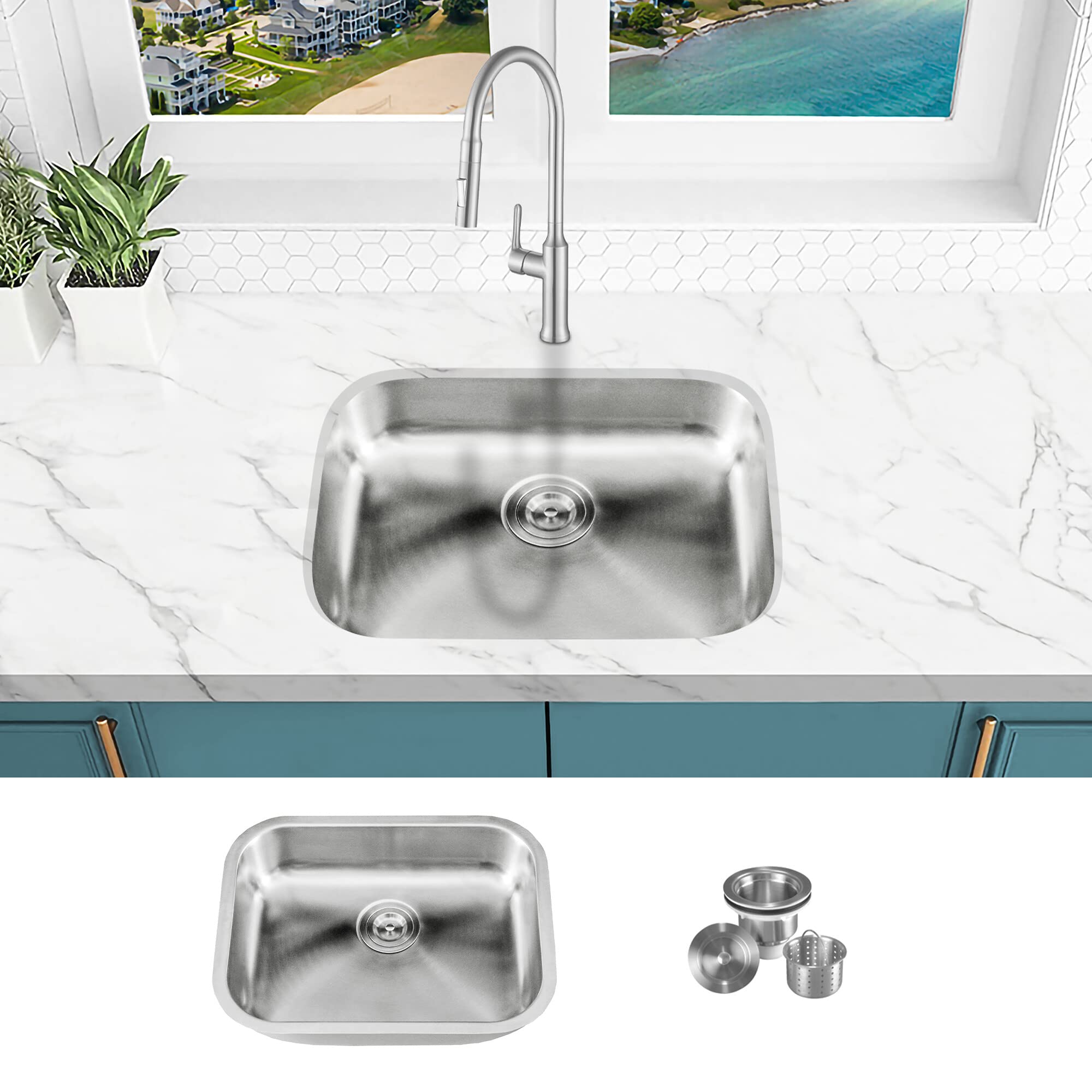 KBFmore 23 Inch Single Bowl ADA Compliant Stainless Steel Kitchen Sink, Rust Resistant Sound and Heatproof Shallow Drain 18 Gauge Undermount Sink with Sink Strainer and Removable Garbage Basket