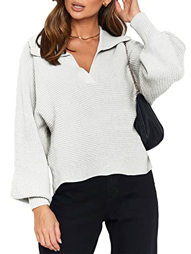 ANRABESS Women Polo V Neck Batwing Long Sleeve Casual Oversized Ribbed Knit Fall Pullover Sweater Top 599bai-L White