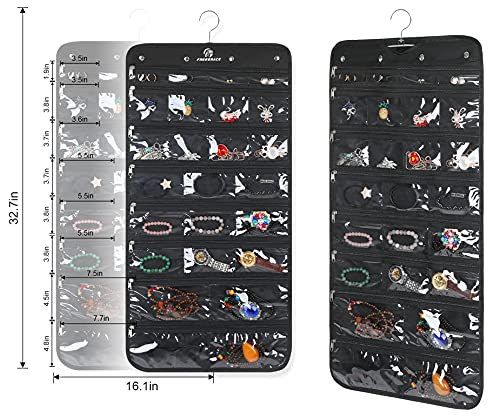 Freegrace Hanging Jewelry Organizer Revolving Hanger - Secure Zipper Closure - 50 Pockets - Foldable Storage & Display Solution - For All Jewelry & Bijoux (Black)