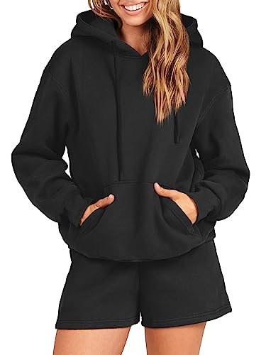 ANRABESS Women 2 Piece Outfits Sweatsuit Set 2023 Fall Two Piece Short Sweat Set Oversized Hoodie Sweatshirt Casual Tracksuit Casual Lounge Matching Set 1048heise-M