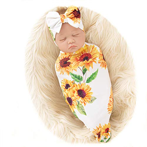 Galabloomer Newborn Sunflower Receiving Blanket Headband Set Baby Flower Rose Swaddle with Big Bow