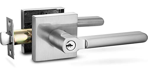 Berlin Modisch Entry Lever Door Handle and Single Cylinder Deadbolt Lock and Key Slim Square Locking Lever Handle Set [Front Door or Office] Right & Left Sided Doors Heavy Duty – Satin Nickel Finish