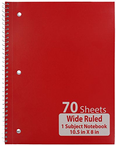 Emraw Single Subject Notebook Spiral with 70 Sheets of Wide Ruled White Paper - Set Includes: Red, Black, Purple, & Blue Covers (4 Pack)