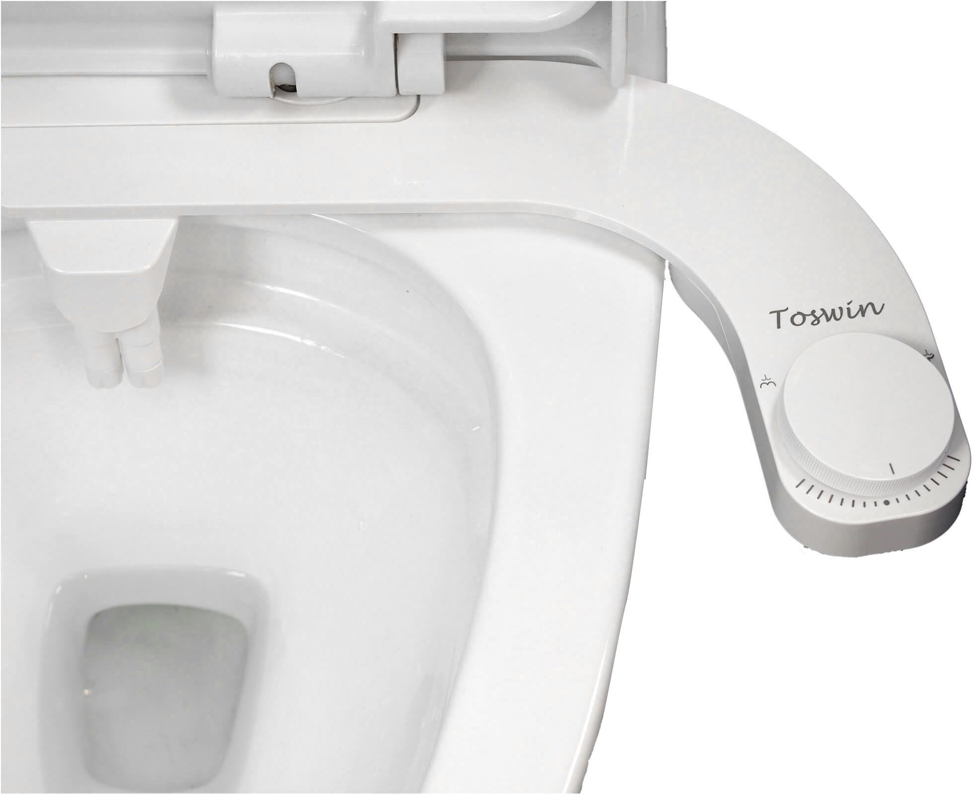 Toswin Left Handed Bidet Left Hand Bidet Ultra Slim Bidet Left Side Control Clear Rear Bidet Attachment for Toilet with Dual Front & Rear Nozzles and Adjustable Water Pressure -White Knob
