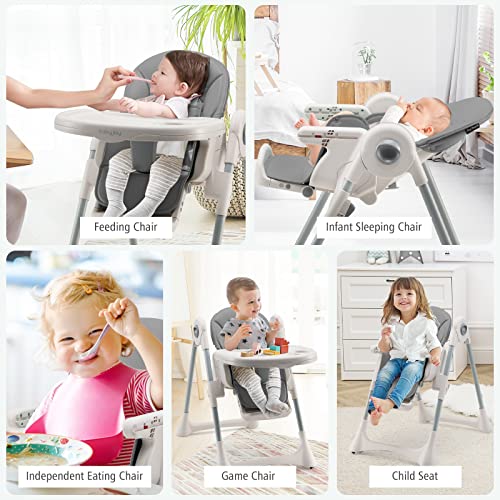 BABY JOY Convertible High Chair for Babies & Toddlers, Foldable Highchair with Adjustable Backrest/Footrest/Seat Height, Double Removable Tray, Detachable PU Cushion, Built-in Front Wheels (Gray)