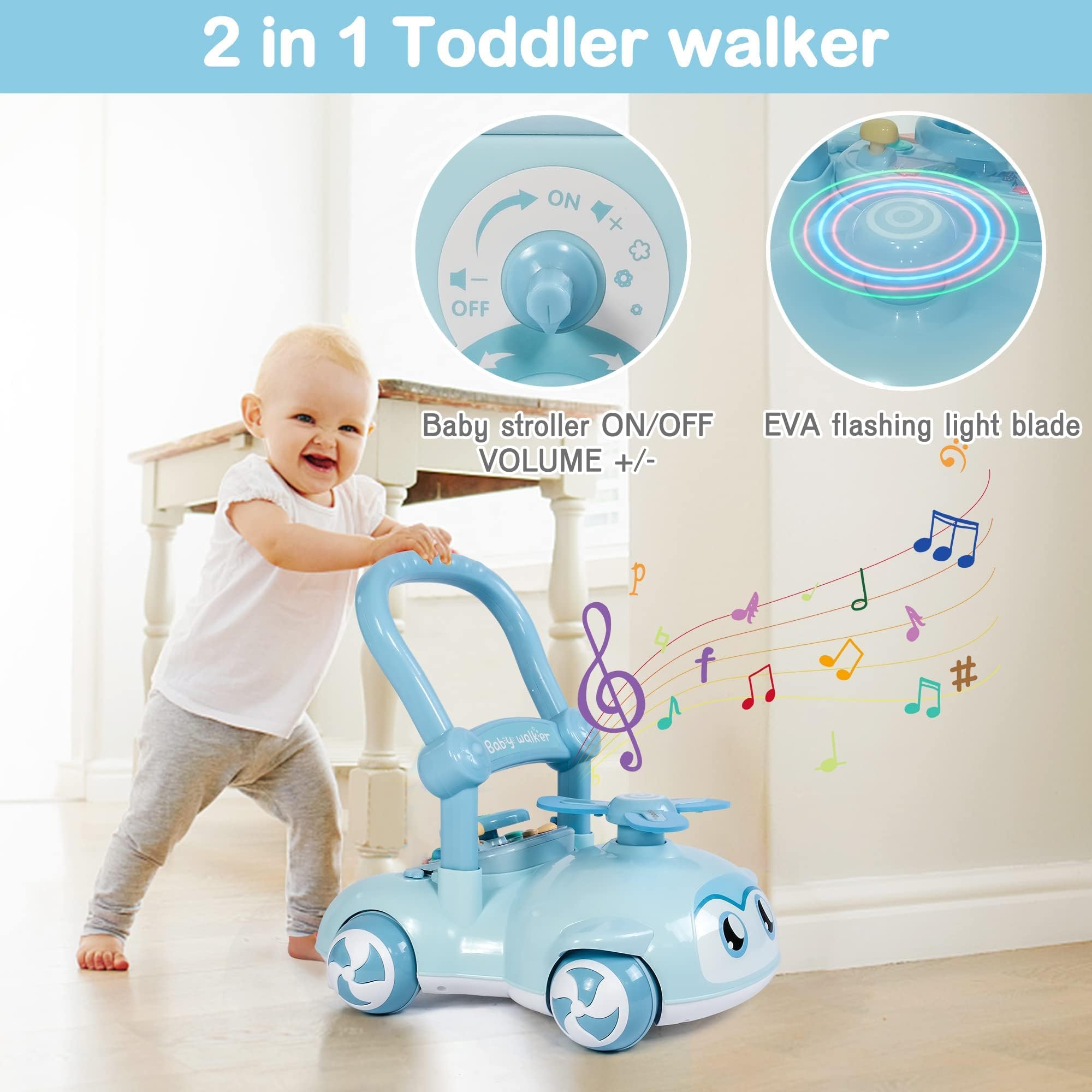 COLOR TREE 2 in 1 Baby Walker + Toddler Steering Wheel Activity Center, Sit-to-Stand Push Pull Walker, Early Educational Learning Toy with 4 Large Wheels and EVA Flash Lamp Blades and Music, Blue