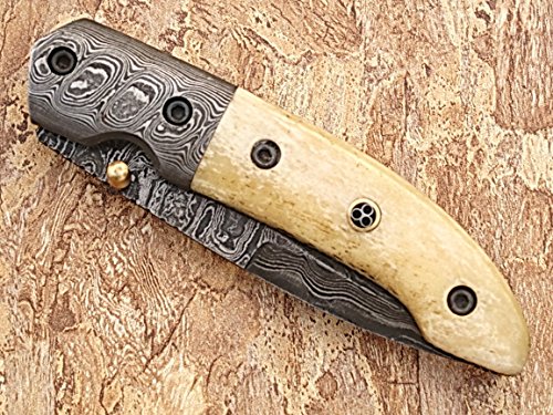 AishaTech Gentlemens Pocket Knife Damascus Steel Blade with White Bone Handle