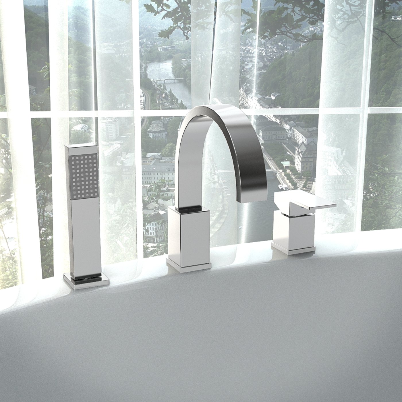 ANZZI Nite Single-Handle Deck Mounted Bathtub Filler Faucet in Polished Chrome | Modern Design Deck Mount Lavatory Tub Faucet with Handheld Sprayer and Valve | FR-AZ473