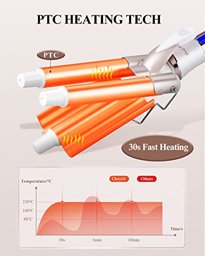 CkeyiN 3 Barrel Curling Iron Wand Hair Waver with LCD 16 Temperature Control Display, Ceramic Tourmaline Crimper Hair Iron with Glove, for All Hair Types Crimper Beach Waving Styling (Display)