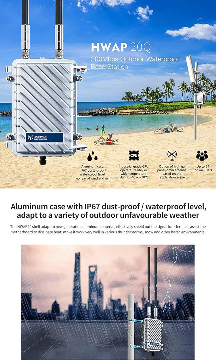 KuWFi Outdoor WiFi Access Point, High Performance 2.4G 300Mbps Waterproof Outdoor Base Station with 2 Antennas Support Wireless AP/WiFi Repeater