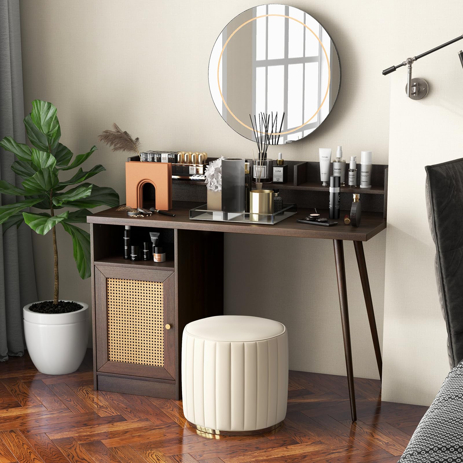 Tangkula Mid Century Desk with Hutch, 48” Writing Study Desk with PE Rattan Storage Cabinet & Shelves, Laptop PC Desk with Rubber Wood Legs, Compact Computer Workstation for Home Office (Brown)
