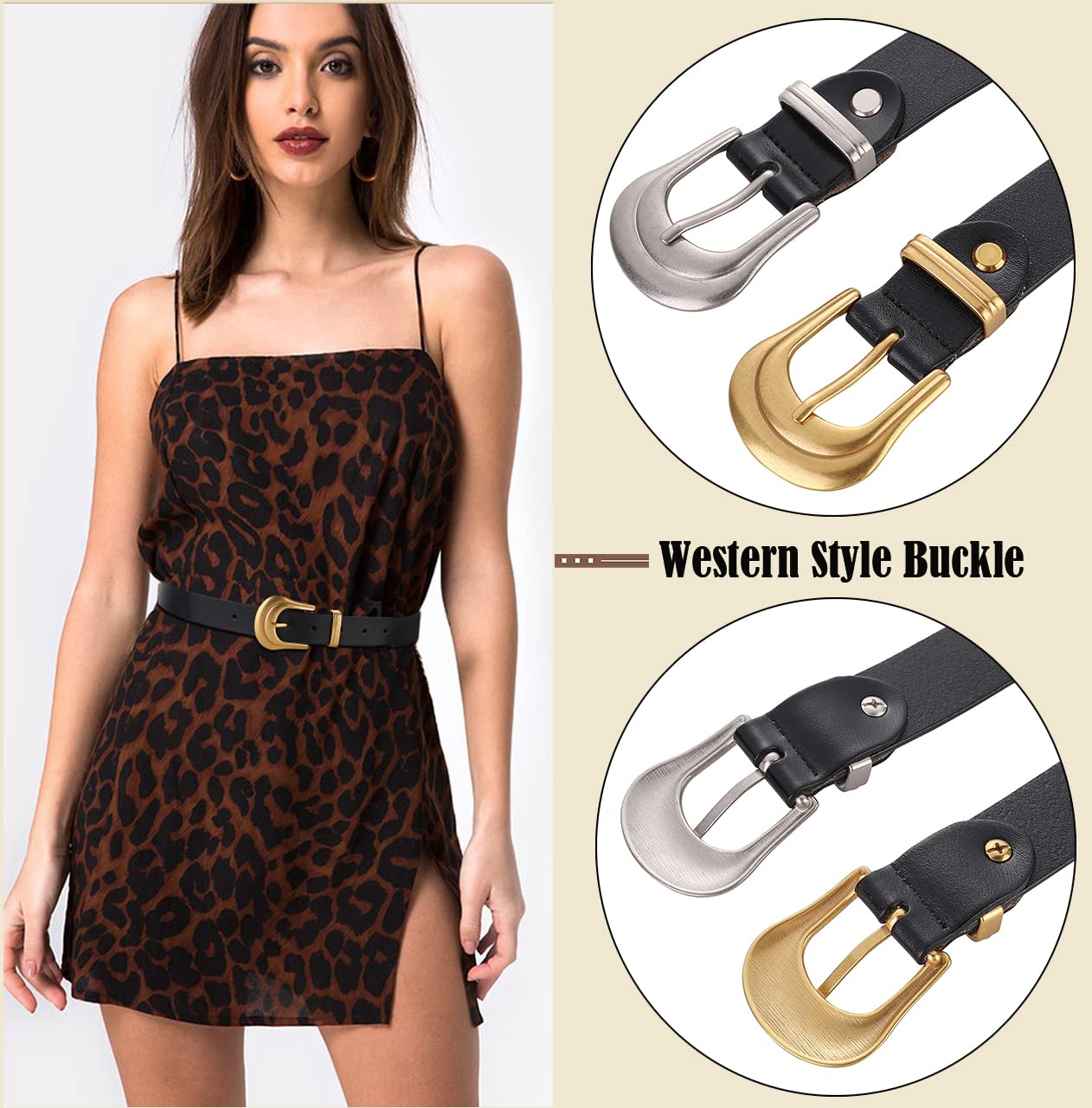 ALAIX Women's Belt Western Belts Silver Gold Buckle Black Leather Belt Pants Jeans Belts for Women