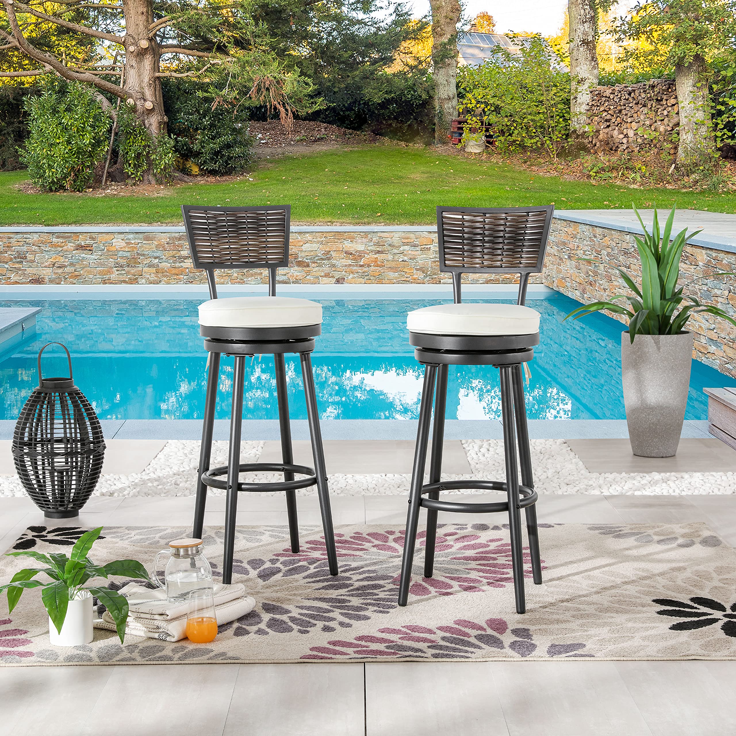 LOKATSE HOME Outdoor Swivel Bar Stools Set of 2 Chairs Armless for Pub Kitchen Cafe Patio Bistro, Beige