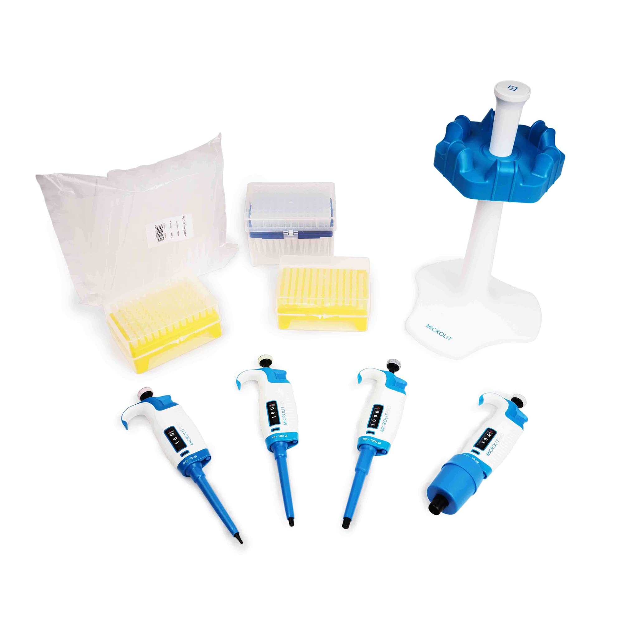 MICROLIT - Complete Starter Kit, Pipettes with 0.5-10ul, 10-100ul, 100-1000ul and 1-10ml Liquid Capacity, 4-Piece Set of Pipettes with a Carousel Stand and Compatible Micropipette Tips