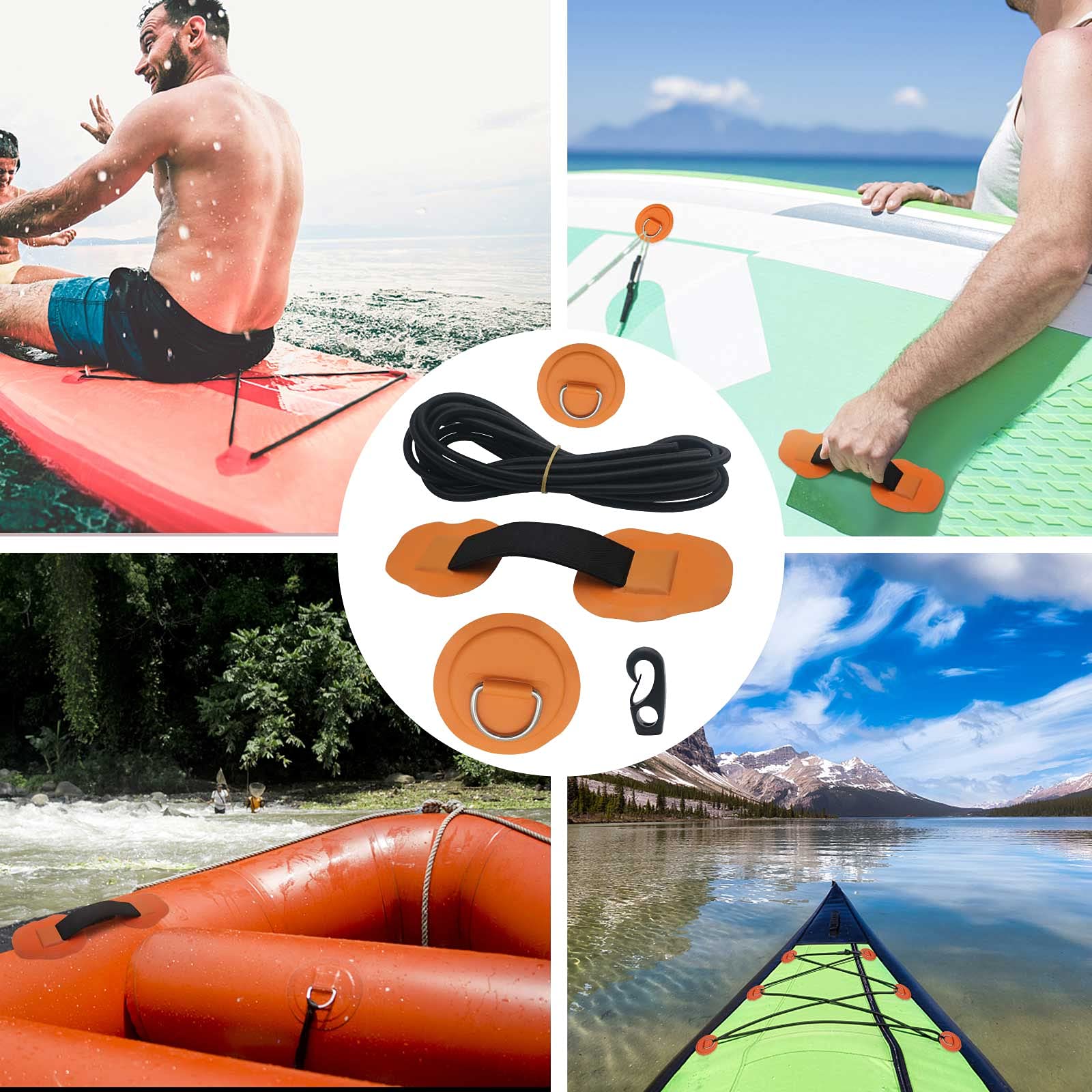 7Pck D-Ring Patch Kayak D Ring Pads and 20ft Strong Elastic Bungee Shock Cord with Hooks Bungee Deck Rigging Kit for Pvc Inflatable Boat Sup Kayak Canoe Deck Surfboard Raft Stand Up Paddle Board