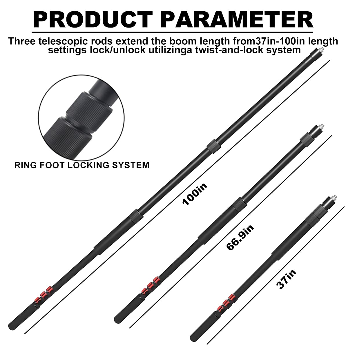 AISIMEE Portable Mic Boom Pole,3-Section Extendable Portable Handheld Boom Pole for Filming with 1/4" and 3/8" Threads,for Professional Shotgun Microphones Fish Pole exte.