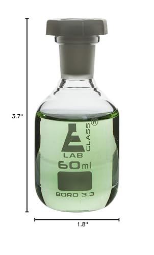 EISCO 60mL (2oz) Glass Reagent Bottle with Acid Proof Polypropylene Stopper, Borosilicate 3.3 Glass Labs