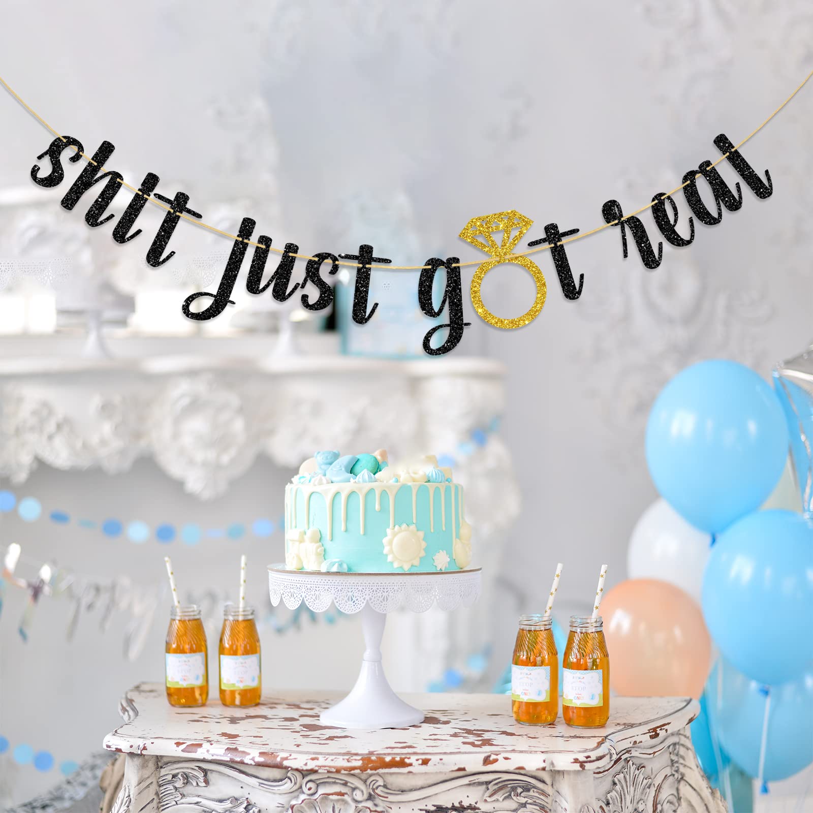 Dalaber Shit Just Got Real Banner, Funny Wedding/Engagement/Bridal Shower/Bachelorette Party Decoration, Just Married Sign Bunting Banner
