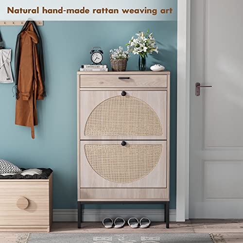 Brafab Shoe Storage Cabinet with 2 Flip Drawers&1 Small Drawer, Slim Entryway Shoe Organizer with Half Round Woven Rattan Doors for Sneakersā¦