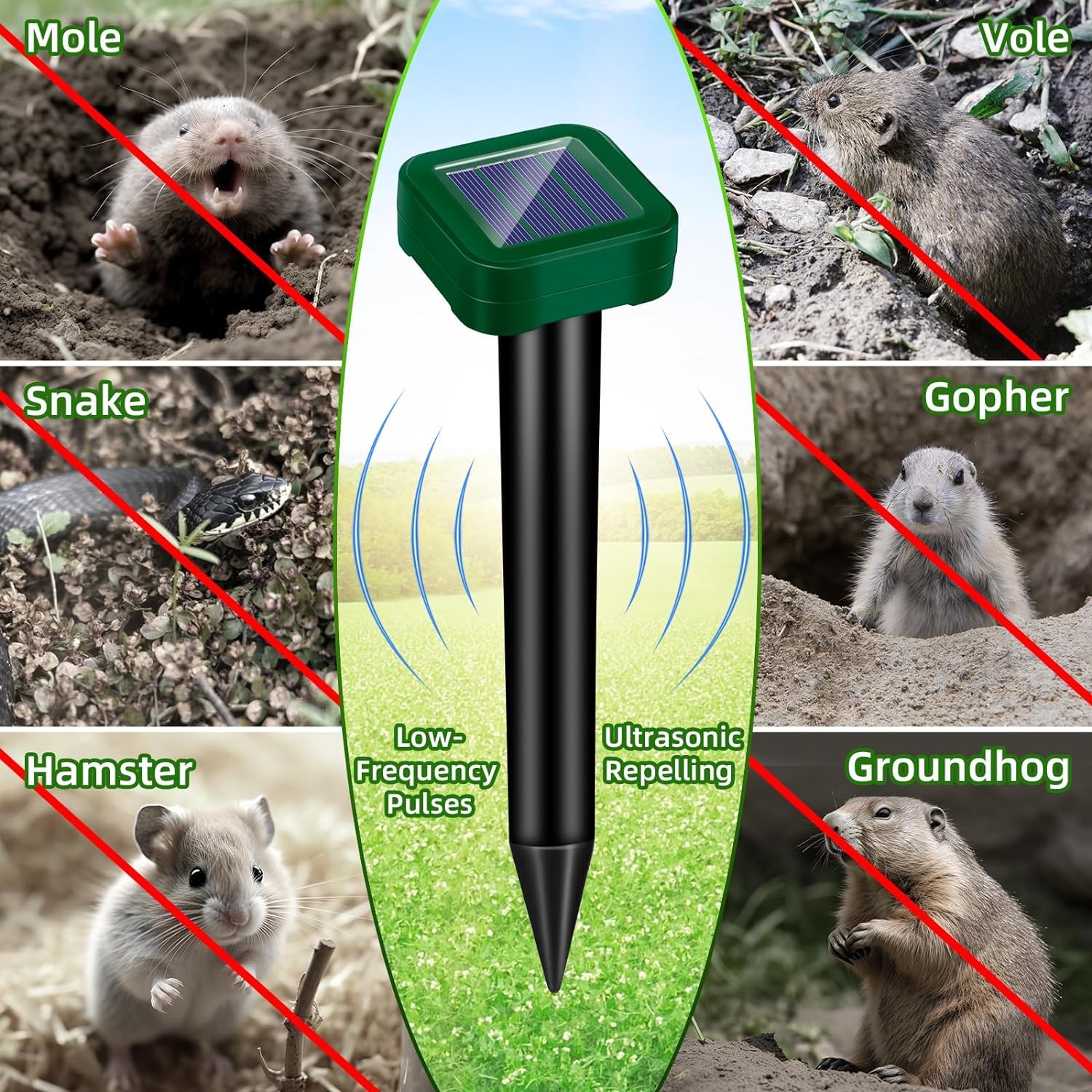 8 Pack Solar Mole Repellent Spikes 2024 Ultrasonic Animal Repellent Outdoor Solar Powered Sonic Burrowing Mole Deterrent Stake to Repel Mole Groundhog Vole Snake Gopher Armadillo for Yard Lawn