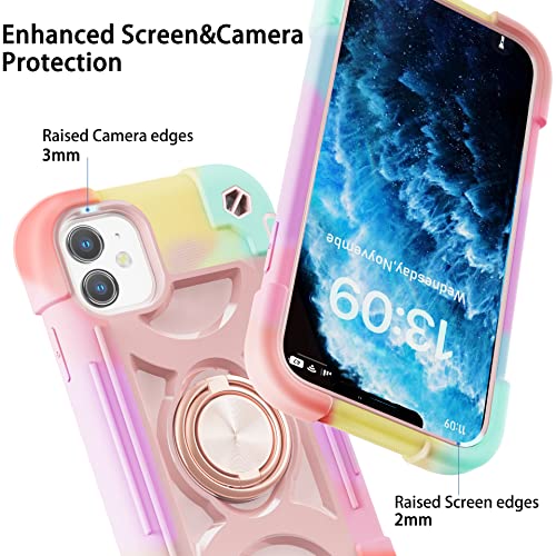 Cookiver for iPhone 11 Case 6.1 Inch with Ring Stand, with 2 Pack Glass Screen Protector ，Heavy-Duty Shockproof Rugged Military Grade Cover with Magnetic Car Mount for iPhone 11 (Rainbow Pink)